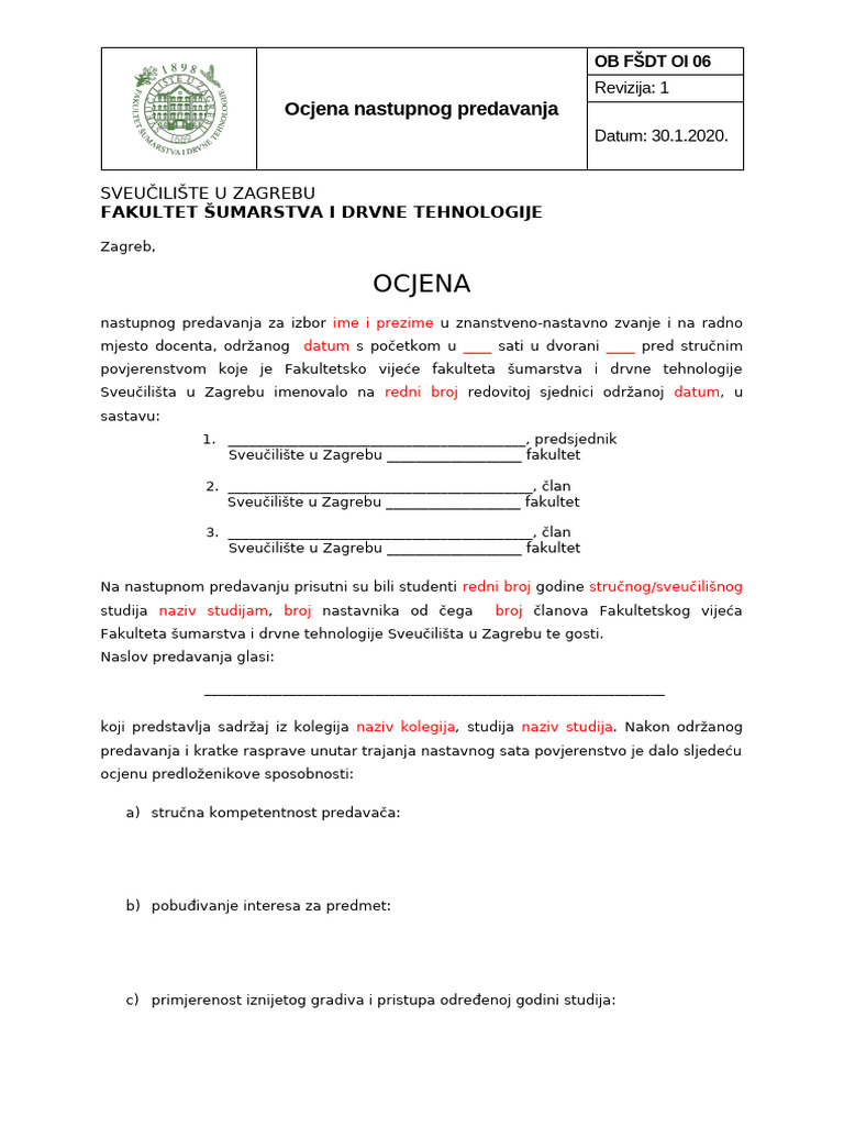 12 Obrazac Ocjene I Odluke S Nastupnog Predavanja | PDF