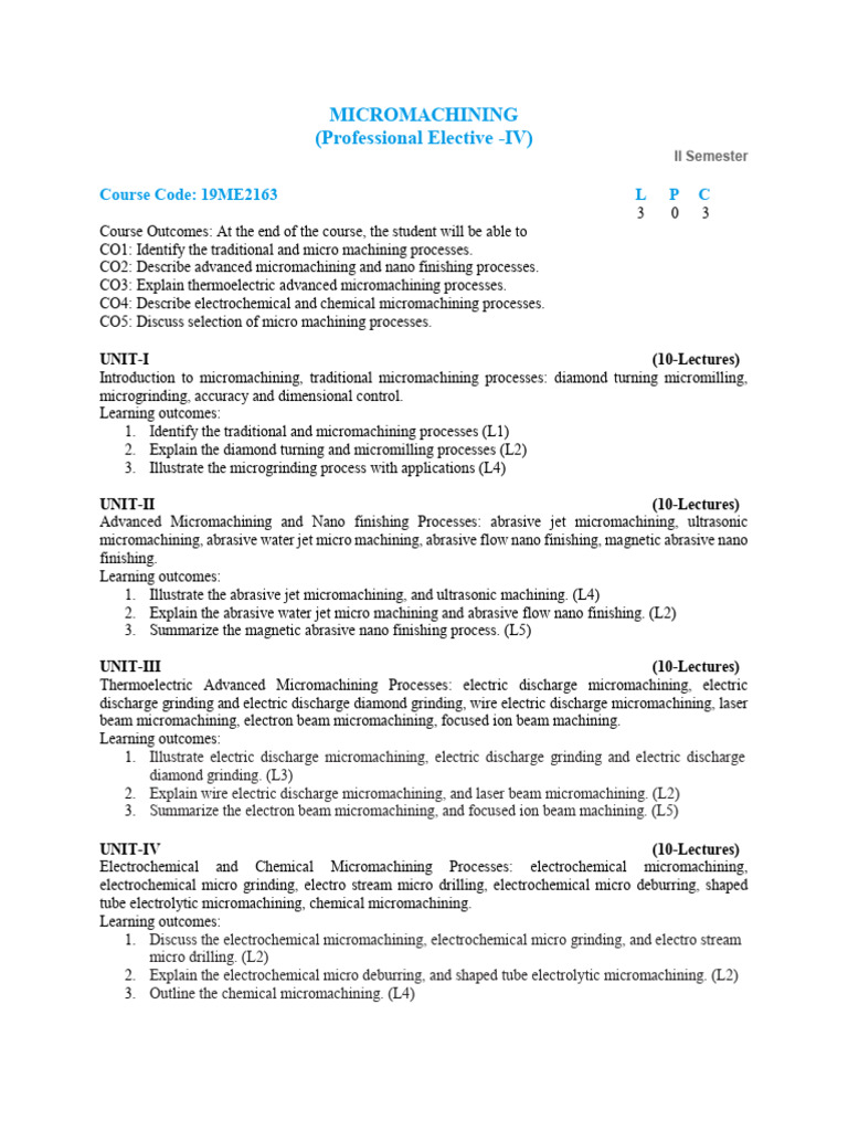 Micromachining (Professional Elective - IV) | PDF