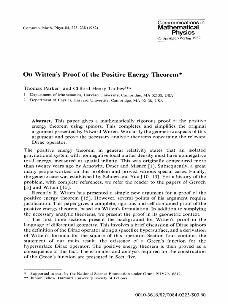 On Witten's Proof of The Positive Energy Theorem : Physics | PDF