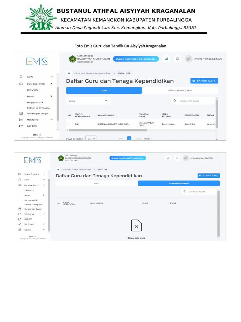Foto Emis Guru Dan Tendik BA Aisyiyah Kraganalan | PDF