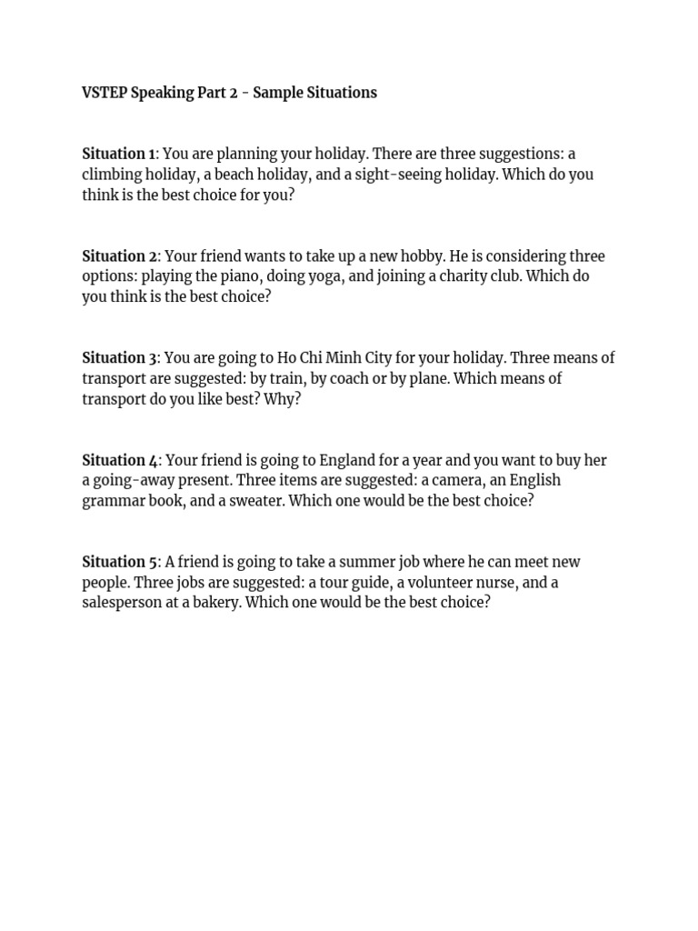 VSTEP Speaking Part 2 - Sample Situations | PDF