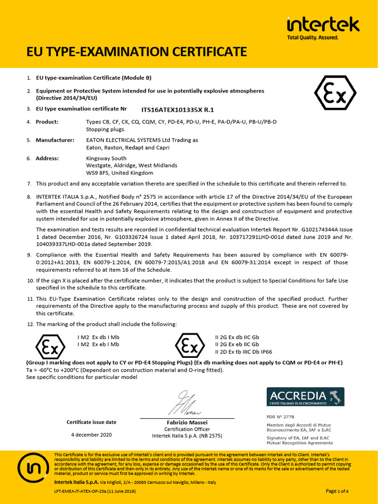 Eaton Redapt Ex Certificate Stopping Plugs | PDF | Engineering Tolerance