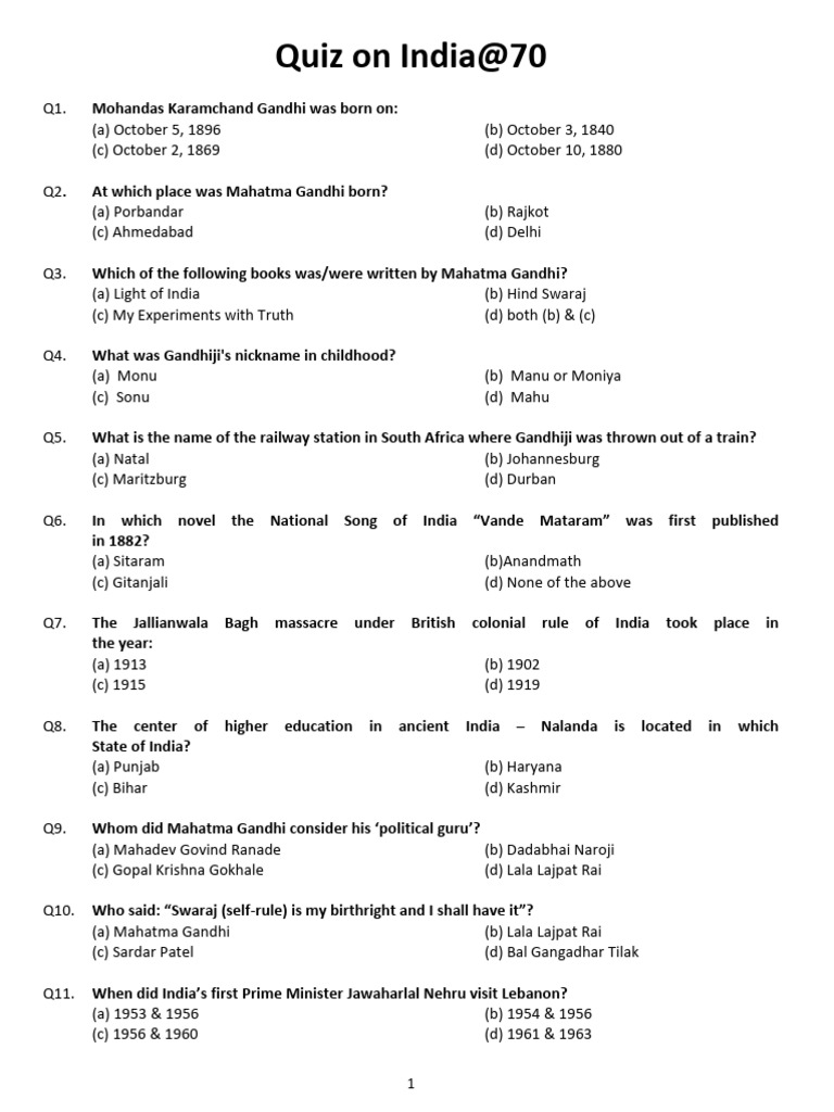 Quiz On India@70 | PDF