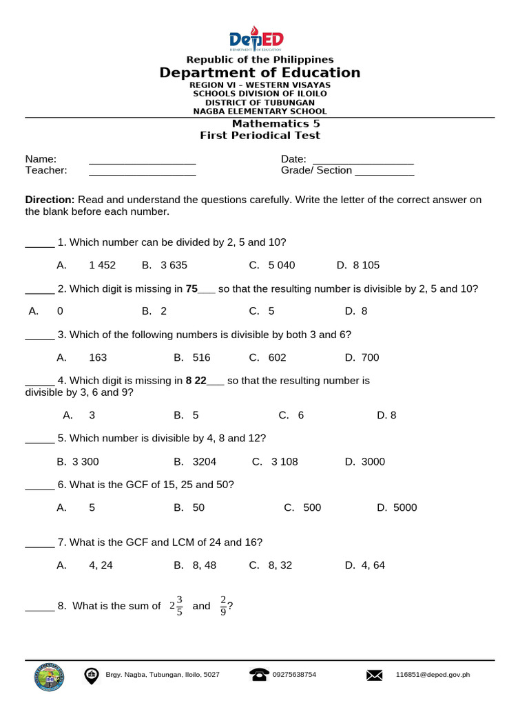 PT - Math 5 - Q1 | PDF