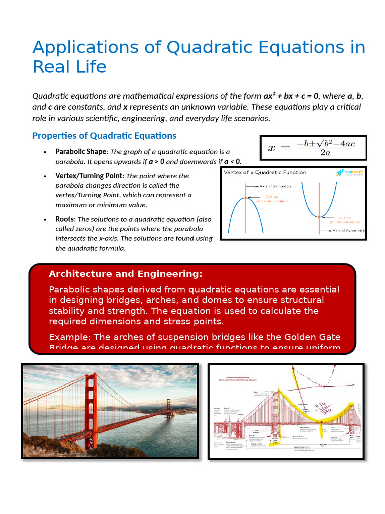 Applications of Quadratic Equations in Real Life | PDF