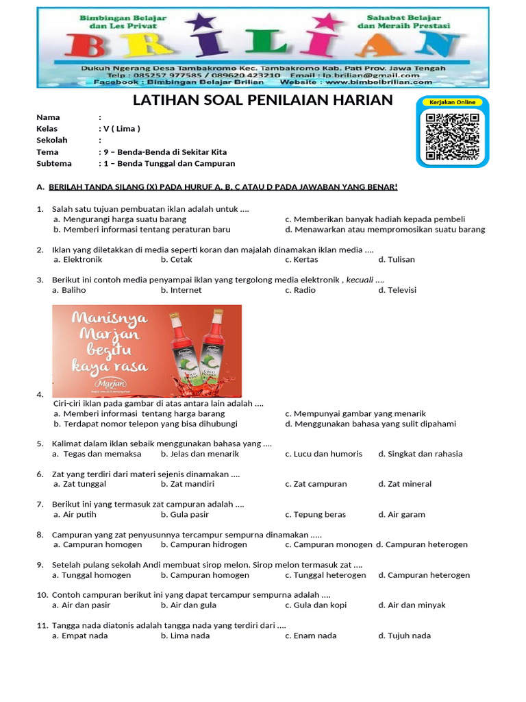 Soal Tema 9 Kelas 5 SD Subtema 1 Benda Tunggal Dan Campuran Dilengkapi Kunci Jawaban | PDF