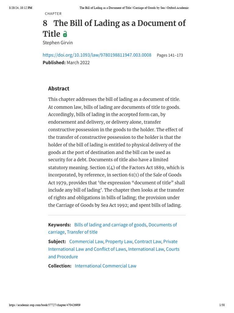 8 The Bill Of Lading As A Document Of Title Carriage Of Goods By Sea
