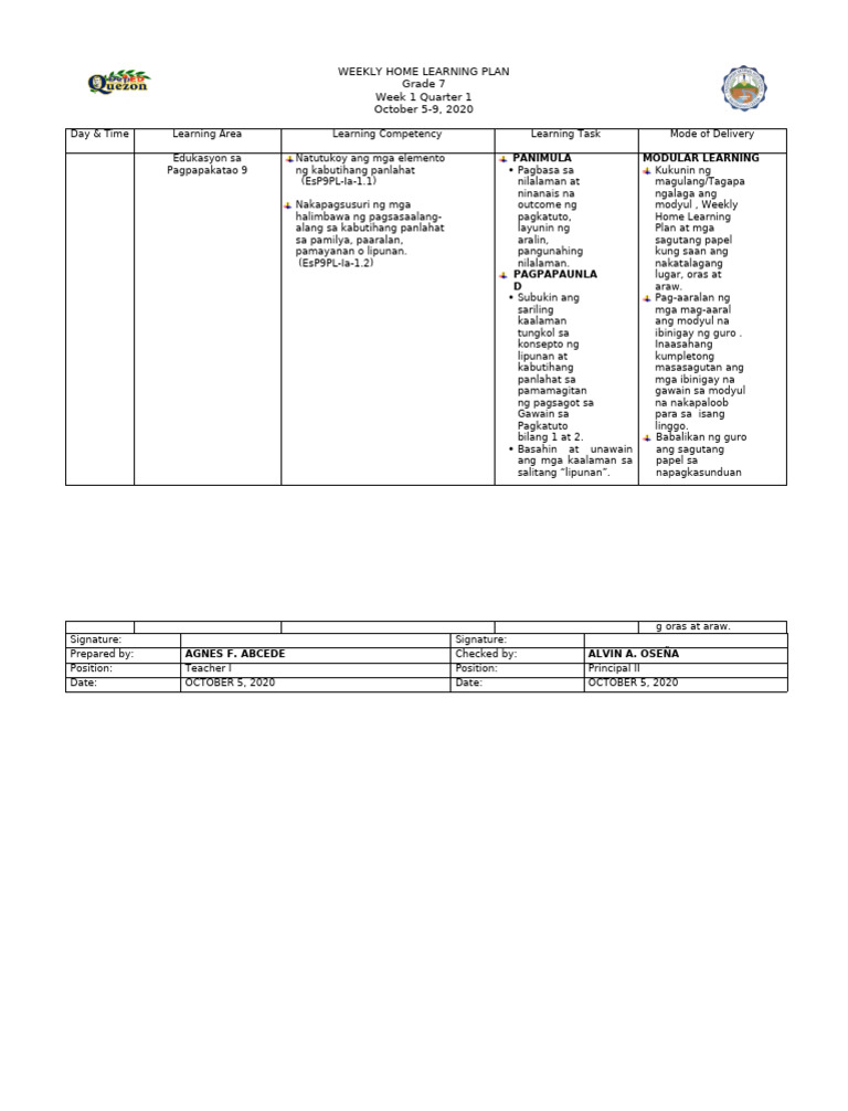 EsP 9 WEEKLY HOME LEARNING PLAN | PDF