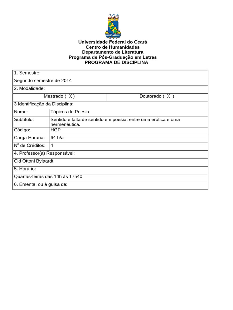 Programa Da Disciplina Sentido e Falta de Sentido em Poesia | PDF