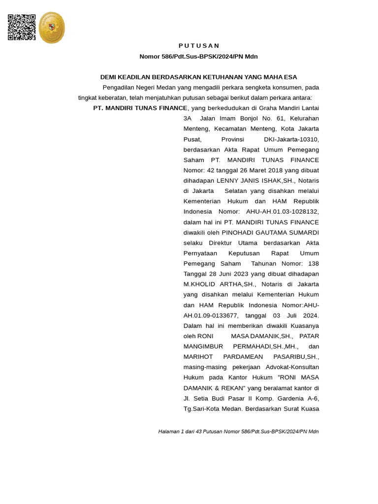 Putusan 586 PDT - Sus-Bpsk 2024 PN MDN 20240911141739 | PDF