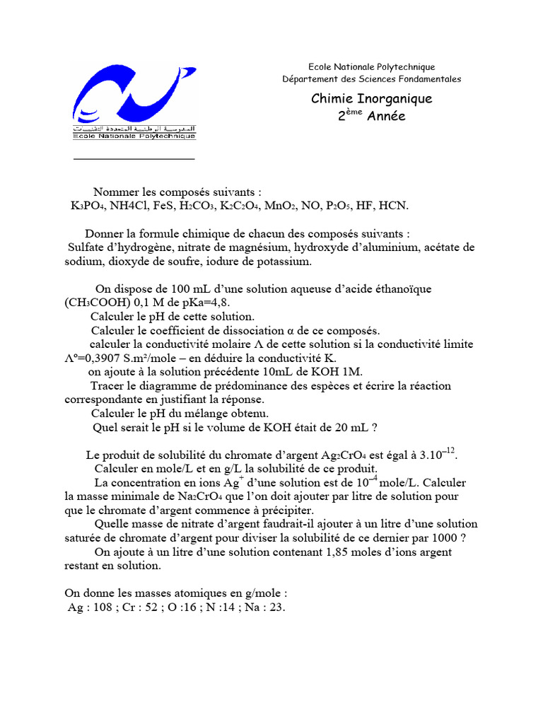 1 Epreuve de Moyenne Durée (1 H 30) : Chimie Inorganique 2 Année | PDF
