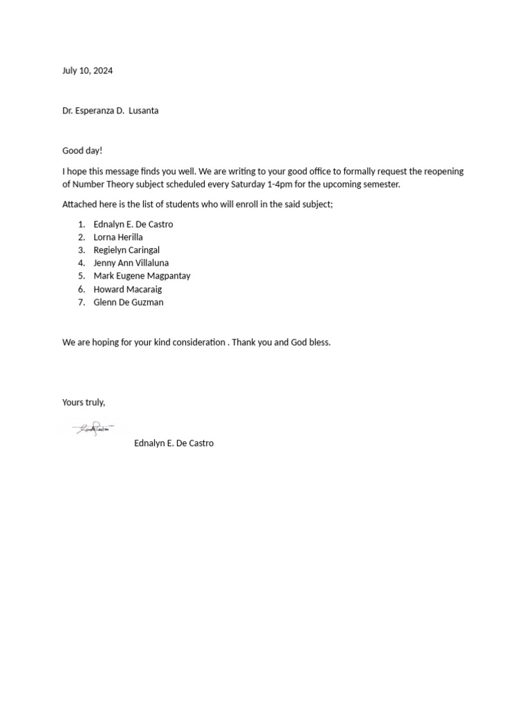 Request Letter For The Reopening of Number Theory Subject | PDF