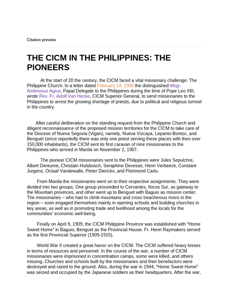CFE 104 The CICM Pioneering Missionaries in The Philippines | PDF ...