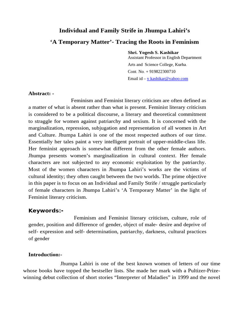 Individual and Family Strife in Jhumpa L | PDF