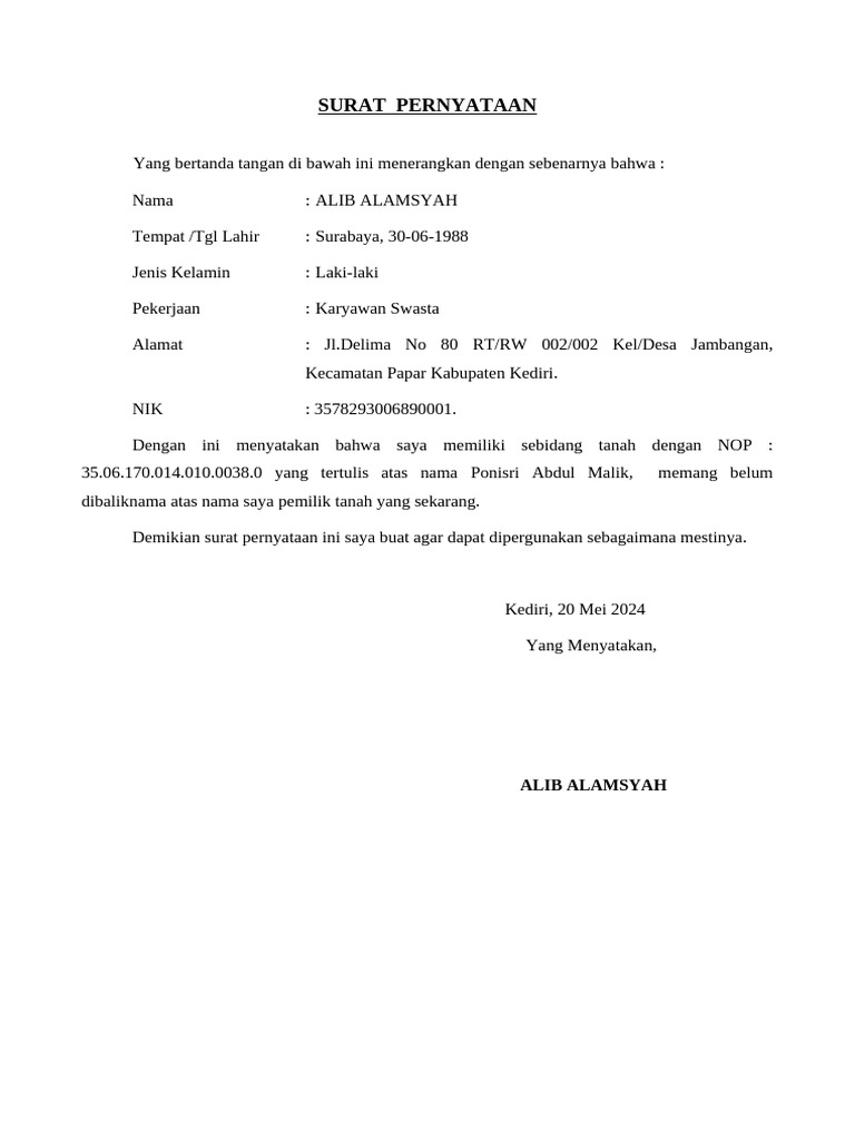 Surat Keterangan Beda Nama SPPT Kadjad (Mbak Tutik) | PDF