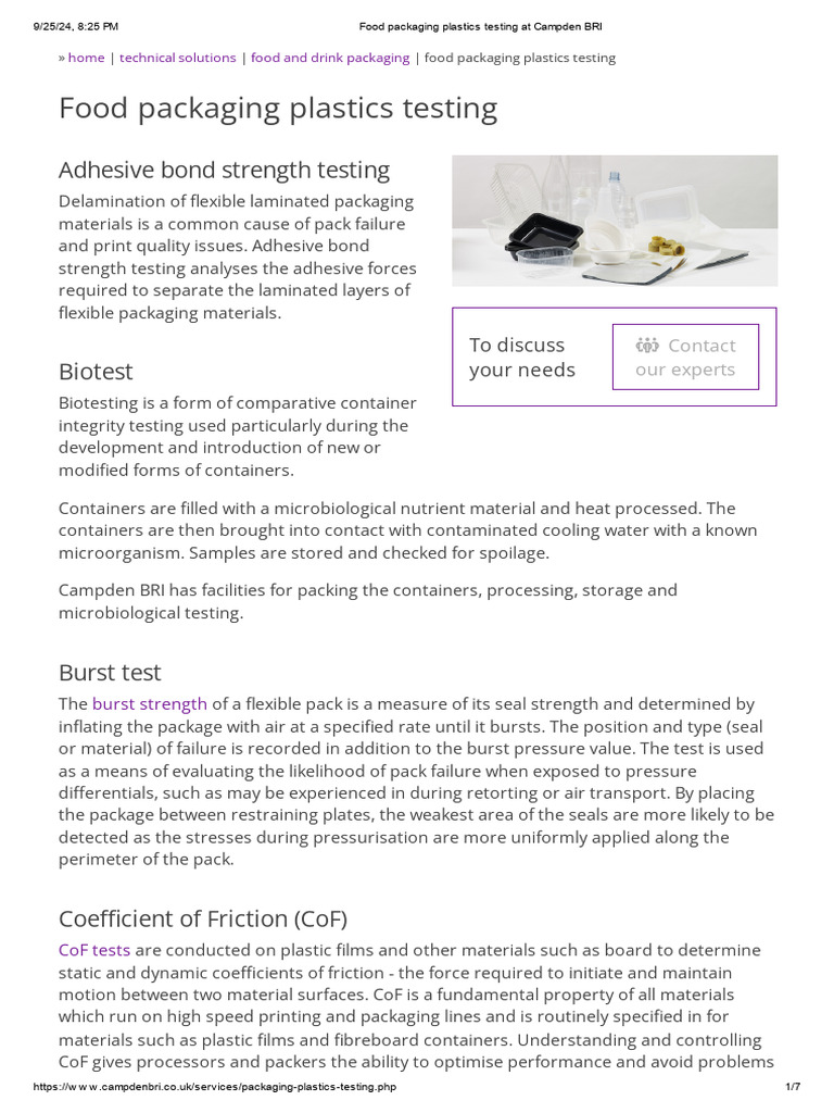Food Packaging Plastics Testing at Campden BRI | PDF