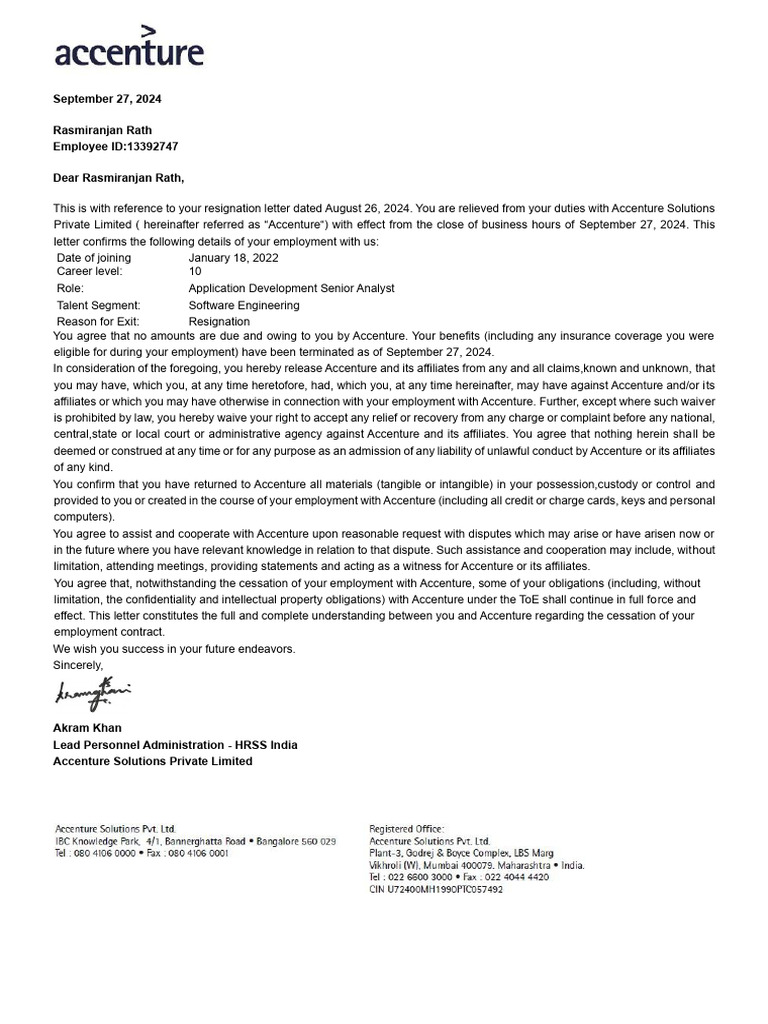 Accenture Reliving Letter PDF | PDF