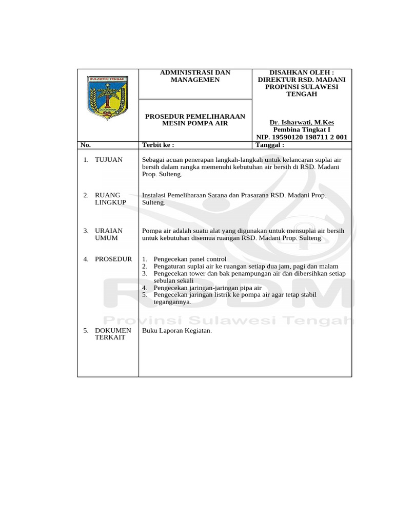 Sop Pemeliharaan Mesin Pompa Air | PDF