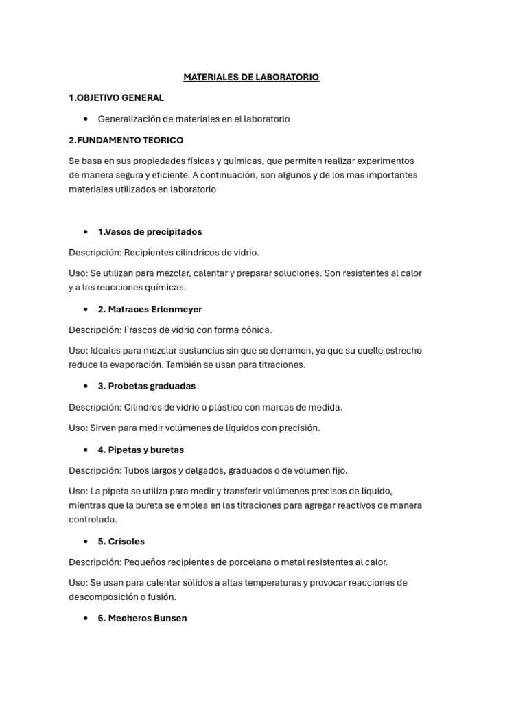 Materiales de Laboratorio 1.objetivo General | PDF