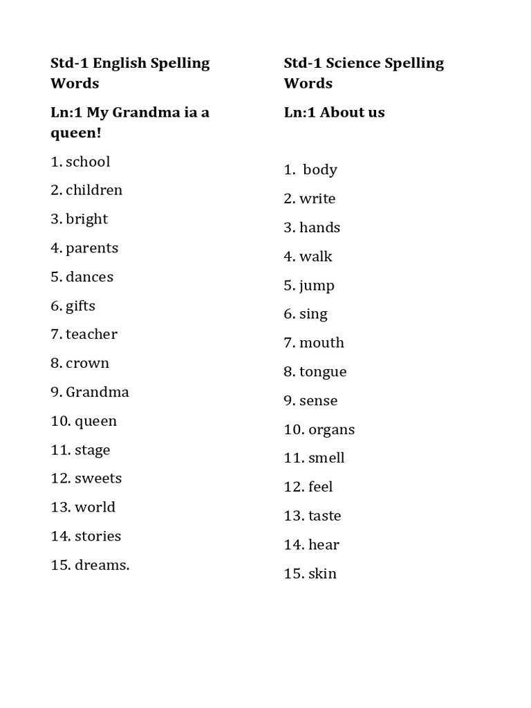 Std1 Lesson-1 Spelling Words | PDF
