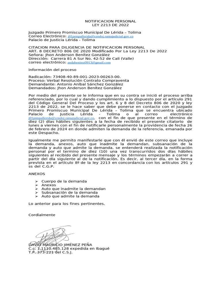 NOTIFICACION PERSONAL LEY 2213 de 2022 | PDF