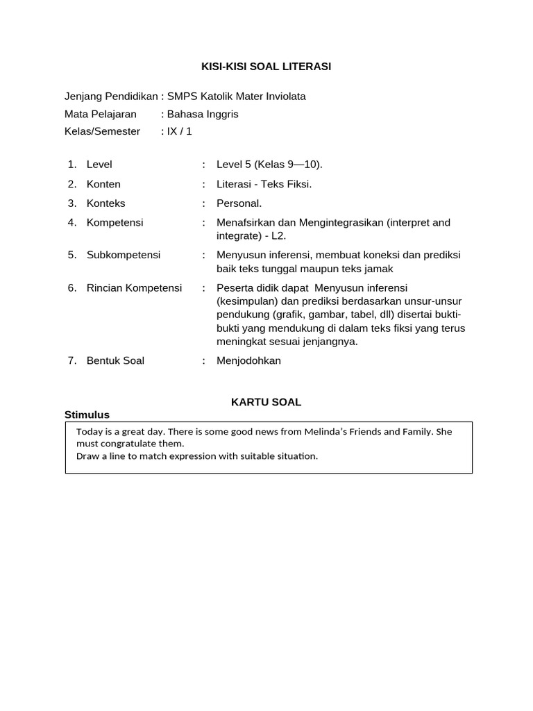 Kisi-Kisi Dan Kartu Soal Literasi-Numerasi | PDF