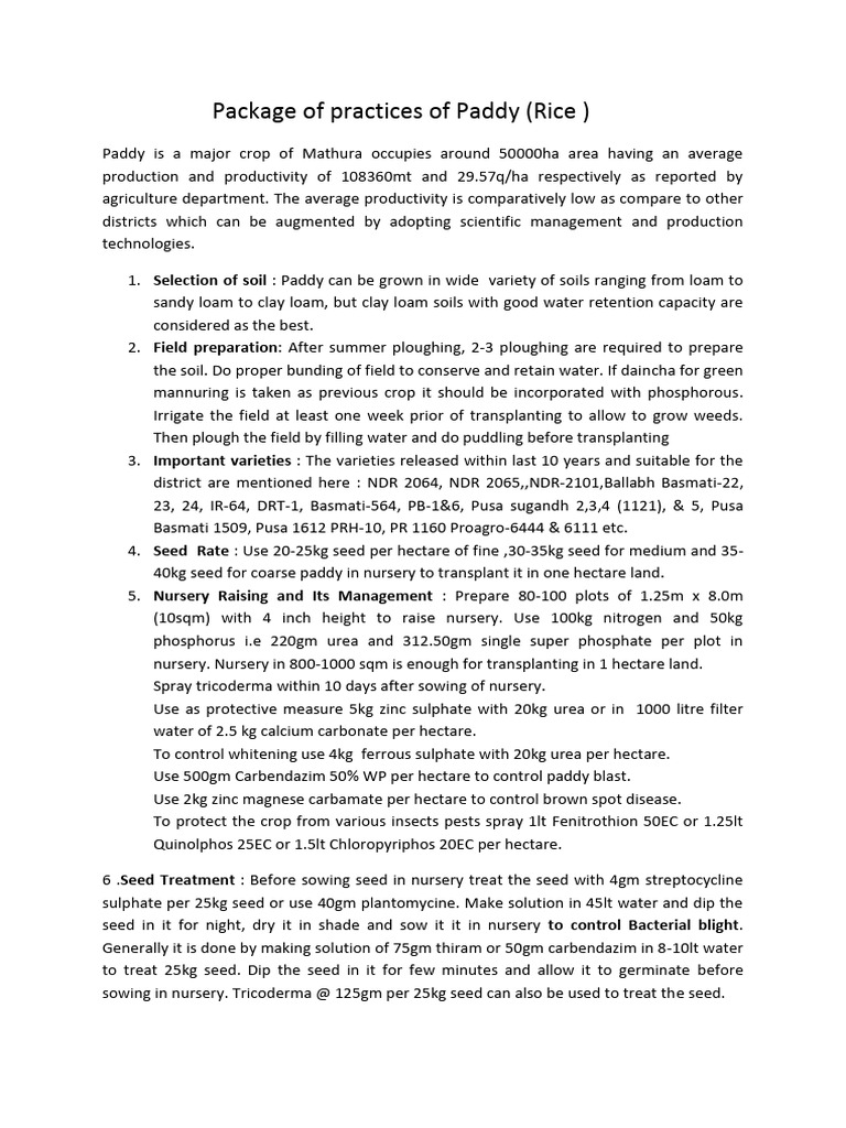 Package of Practices of Paddy (Rice) | PDF