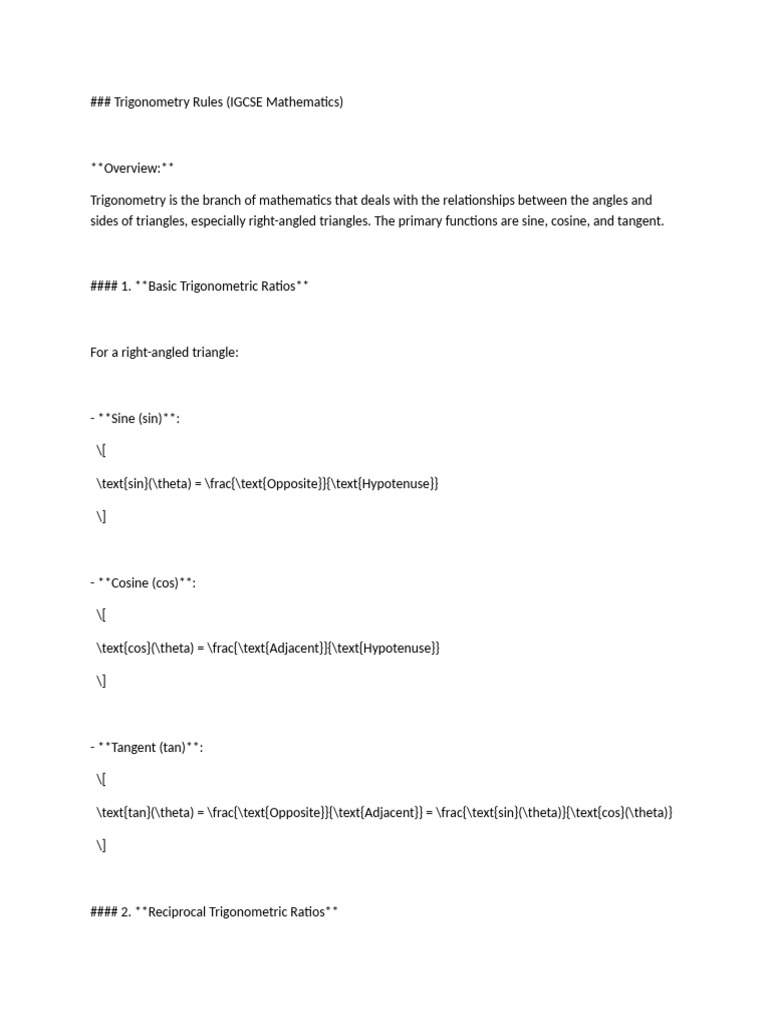 Trig Rules IGCSE Note | PDF