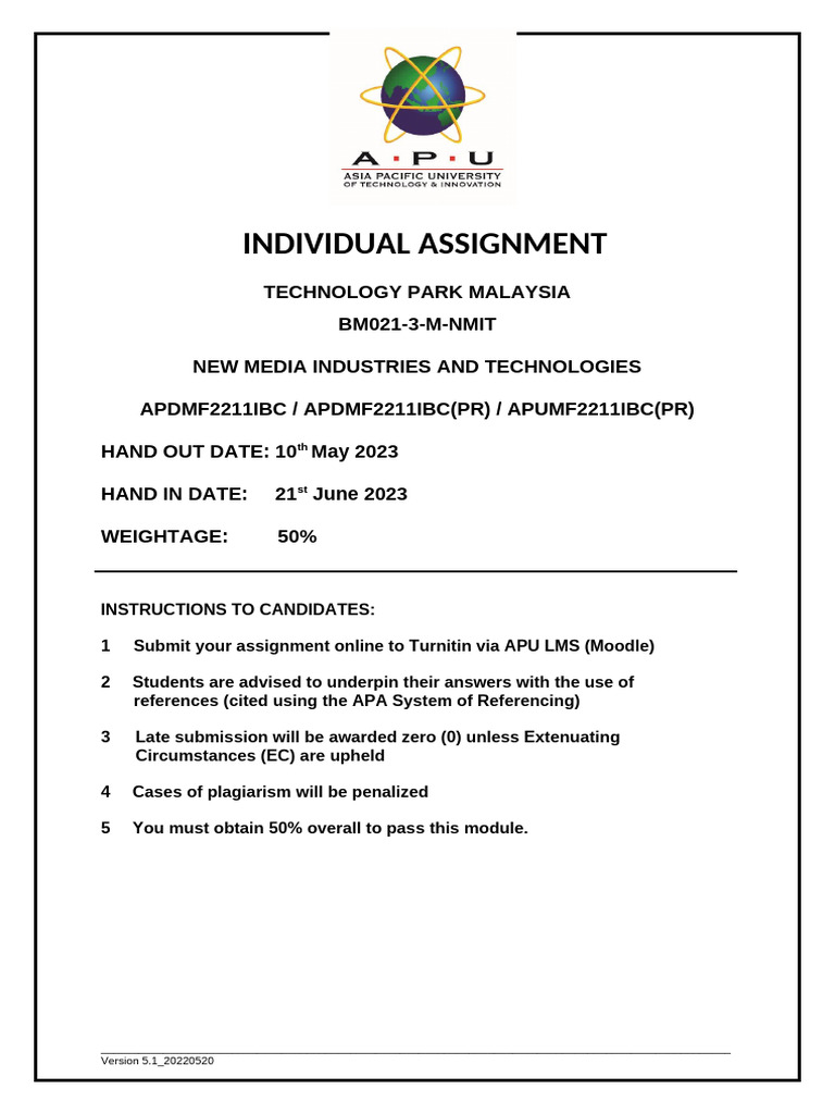 APU Assignment Cover - Master - NMIT - Individual Project - RCW | PDF