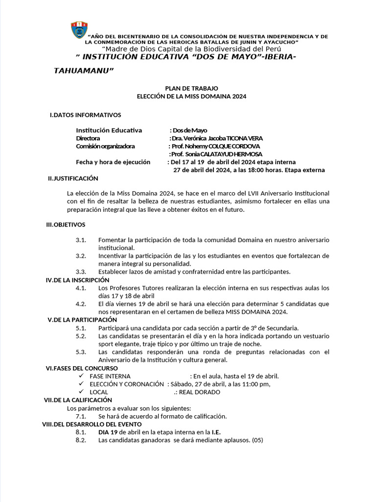 Plan de Trabajo Miss Domaina 2024 | PDF