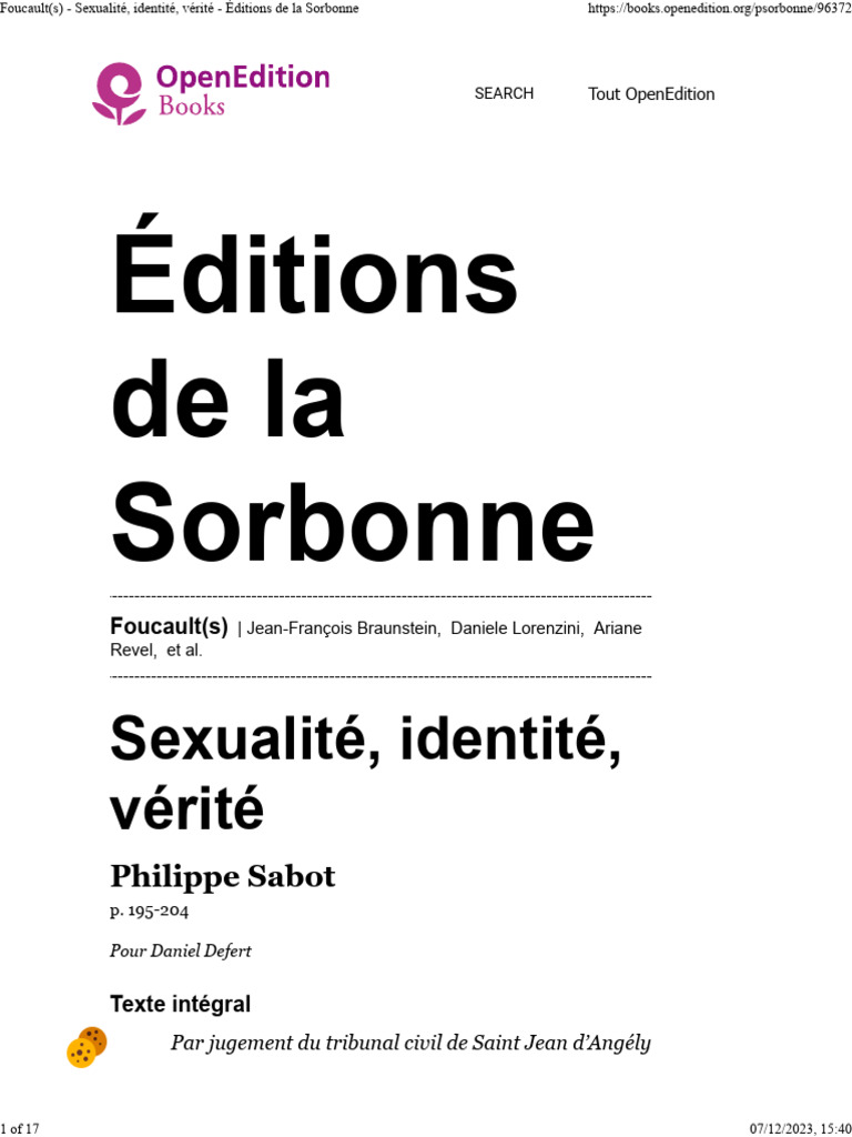 Foucault(s) - Sexualité, Identité, Vérité - Éditions de La Sorbonne | PDF