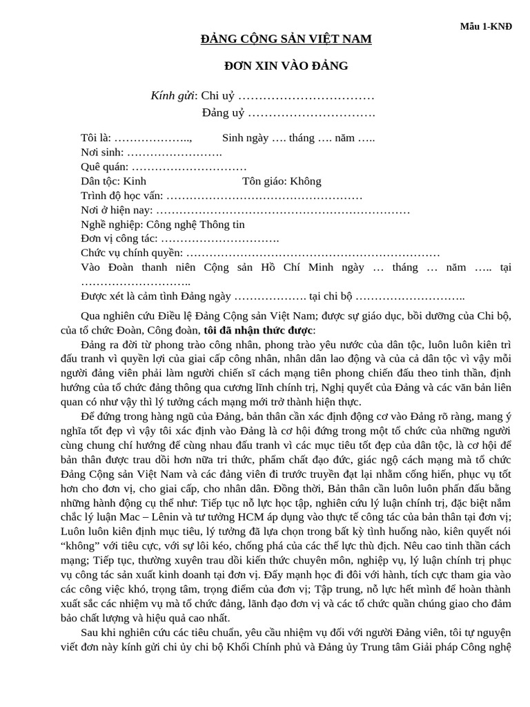 Mau Don Xin Vao Dang | PDF