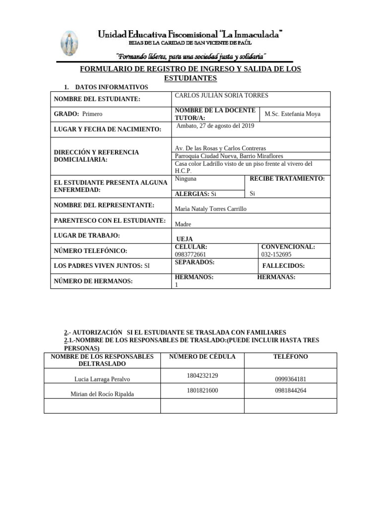 Formulario de Registro de Ingreso y Salida de Los Estudiantes | PDF