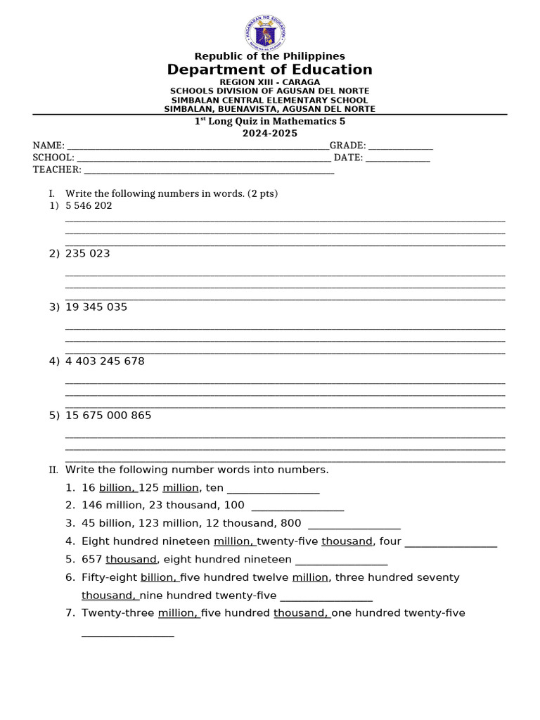 Long Quiz Grade 5 Math - Number Words | PDF