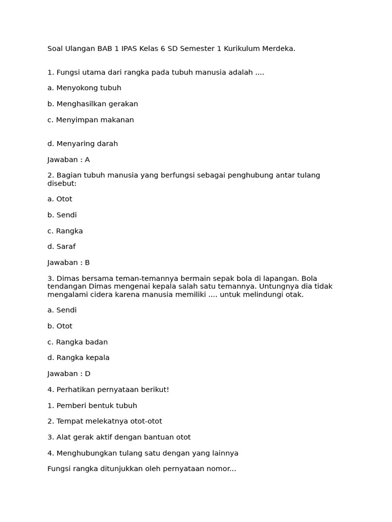 Soal Ulangan BAB 1 IPAS Kelas 6 SD Semester 1 Kurikulum Merdeka | PDF