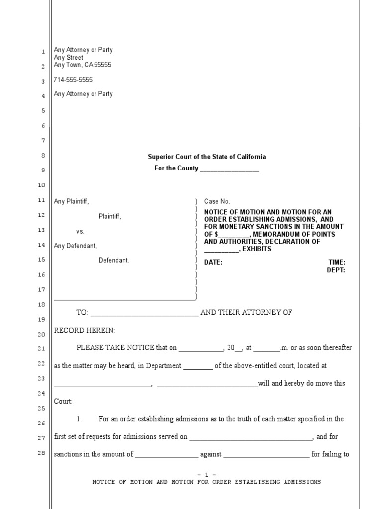 Sample Motion To Have Matters Deemed Admitted For California | PDF ...