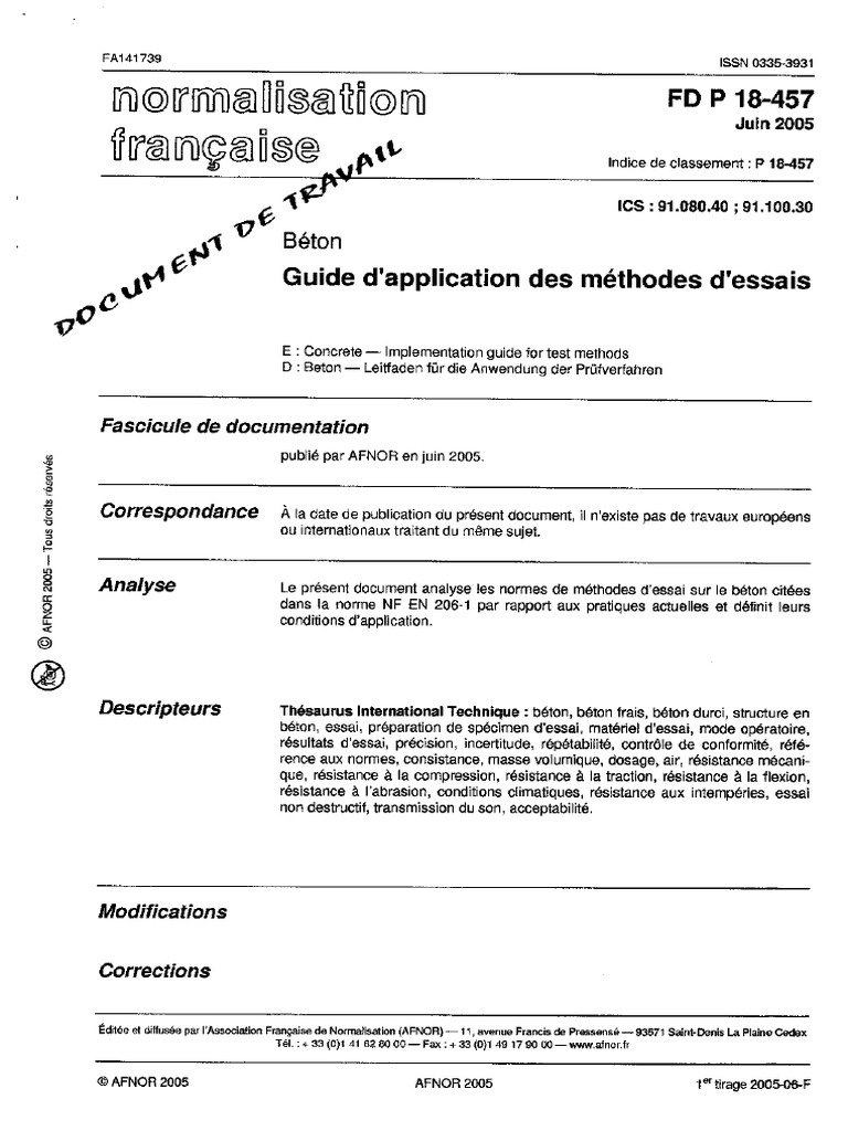 FD P 18-457 - Guide D'application Des Essais Sur Beton | PDF