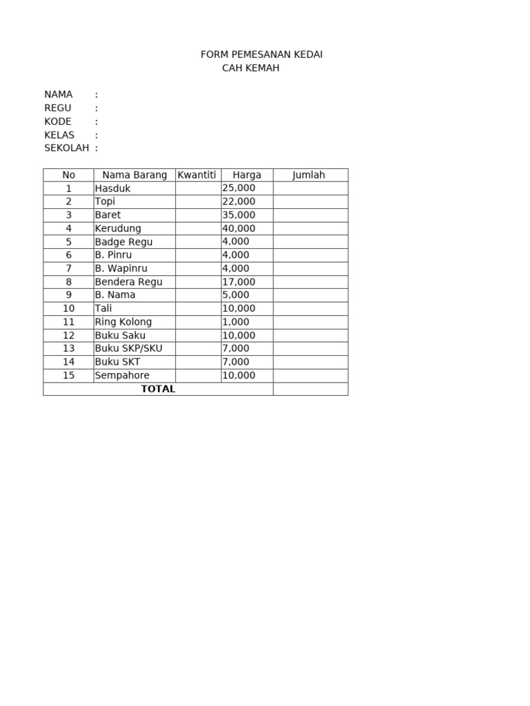 Form Pembelian Cah Kemah | PDF