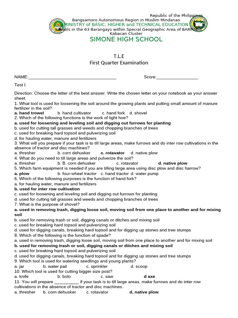 Grade 9 ANSWER KEY | PDF