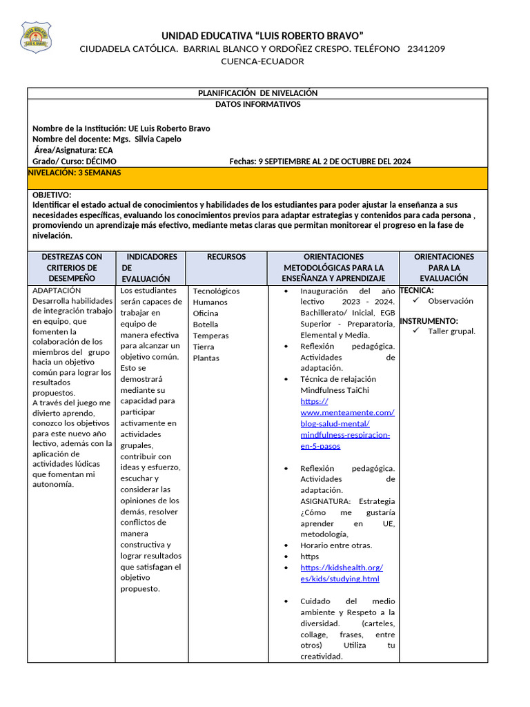 10mo Eca Mat Planificación Nivelación | PDF