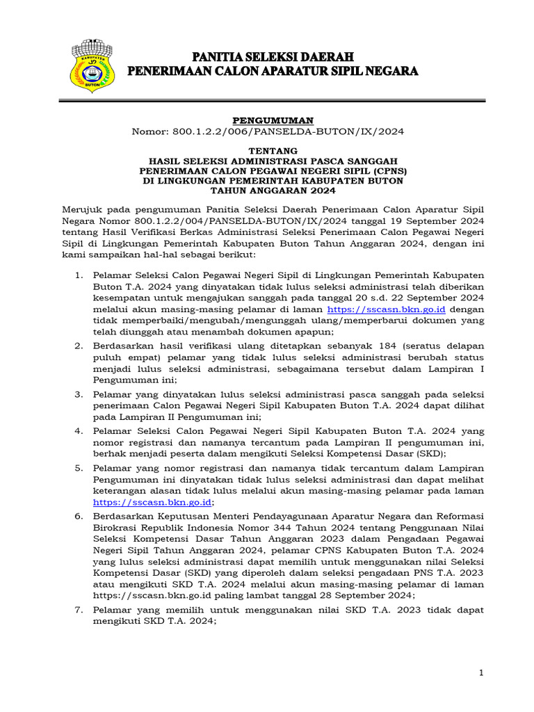 Pengumuman Hasil Seleksi Administrasi Pasca Sanggah Penerimaan CPNS Di Lingkungan Pemerintah Kab ...