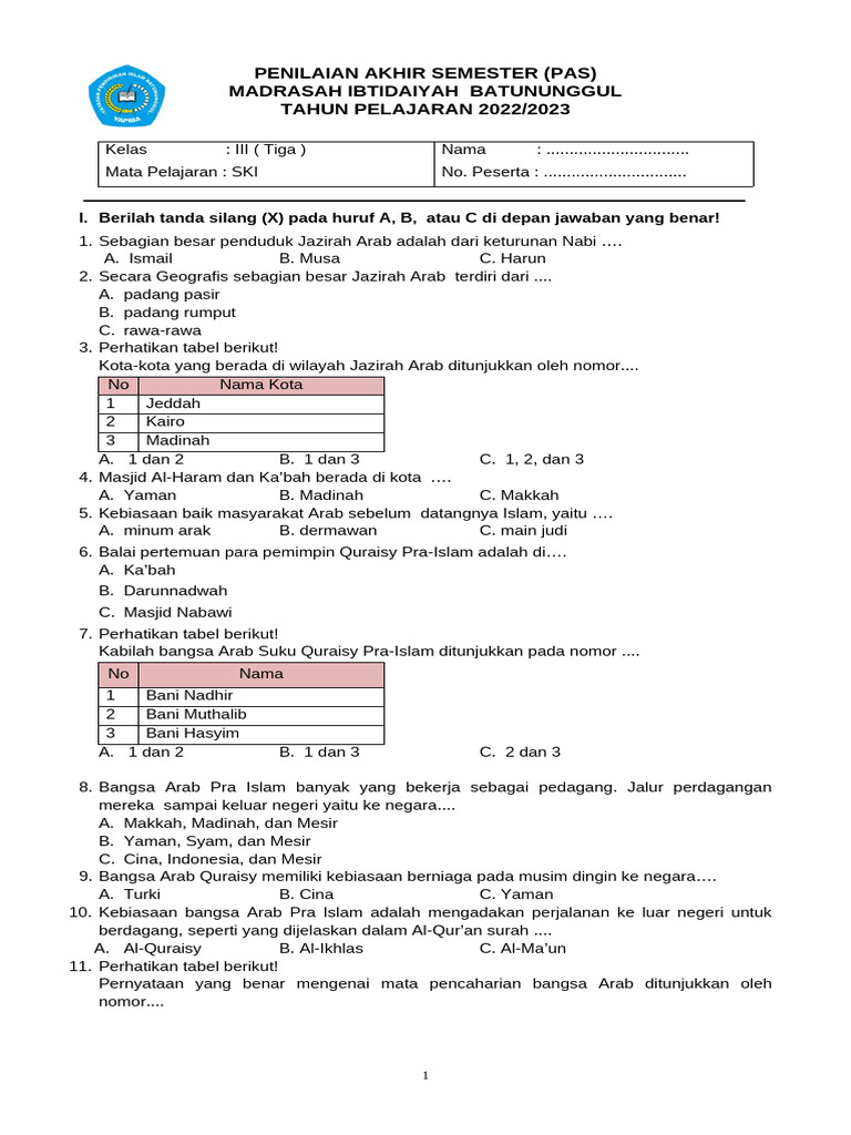 Naskah Soal SKI Kls 3 PAS 2022 | PDF