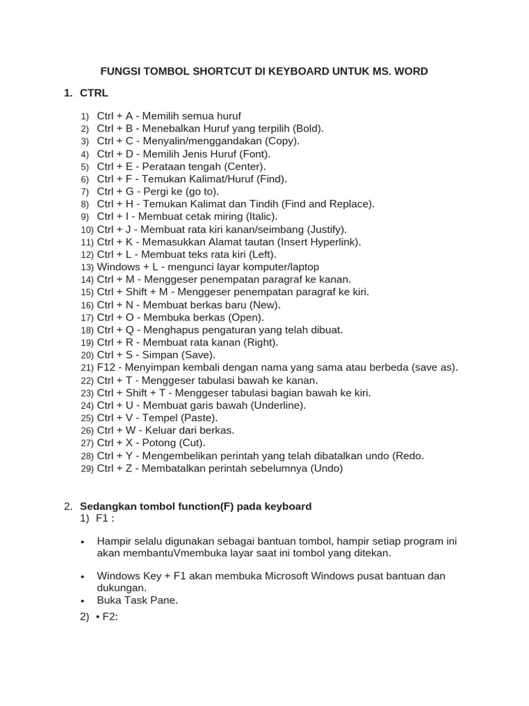 Fungsi Tombol Shortcut Di Keyboard Untuk MS | PDF