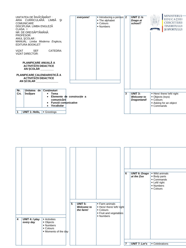 Eng1 Planificare Calendaristica | PDF