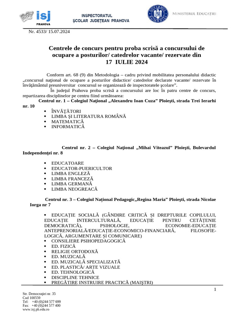 Titularizare Centre de Concurs 2024 Modi 1 | PDF
