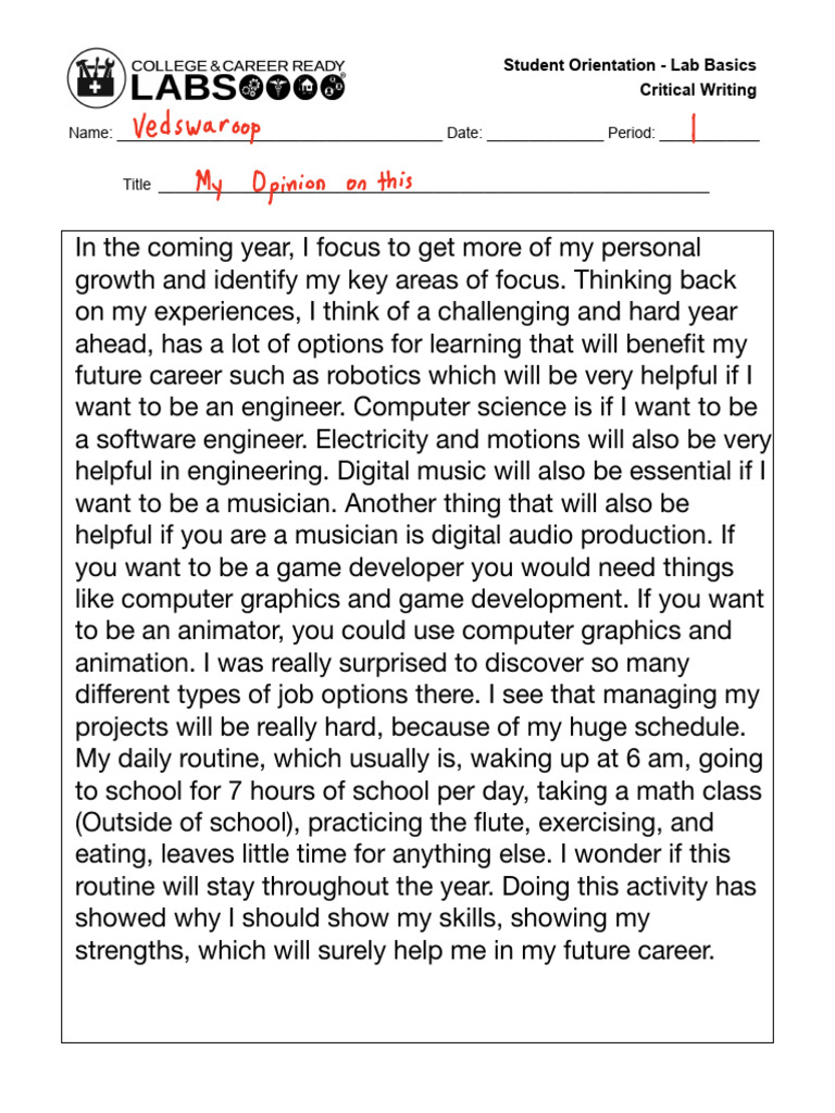 Critical Writing Worksheet | PDF