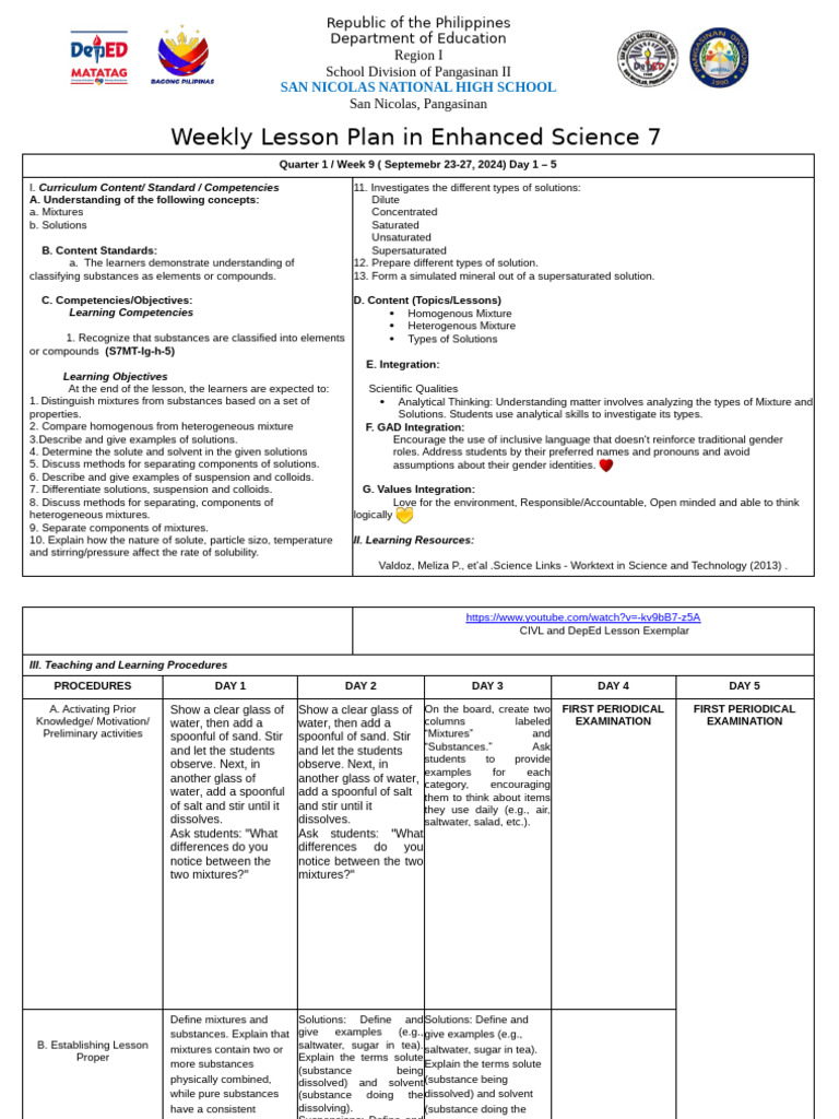 Enhanced Science 7 WLP - Week 9 - September 23-27, 2024 | PDF | Mixture | Language Arts & Discipline