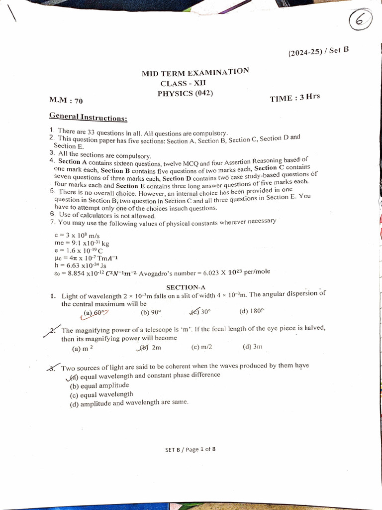 Phy - Midterm New Practice Paper For. Class 12 | PDF