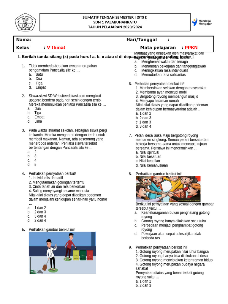 Soal STS 1 PPKN Kelas 5 | PDF