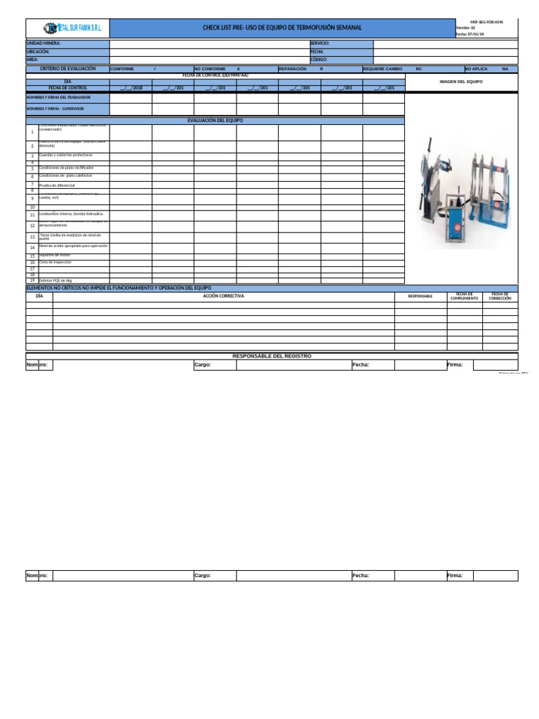 Msf-Seg-For-014s Check List Pre Uso Equipo de Termofusión Semanal | PDF